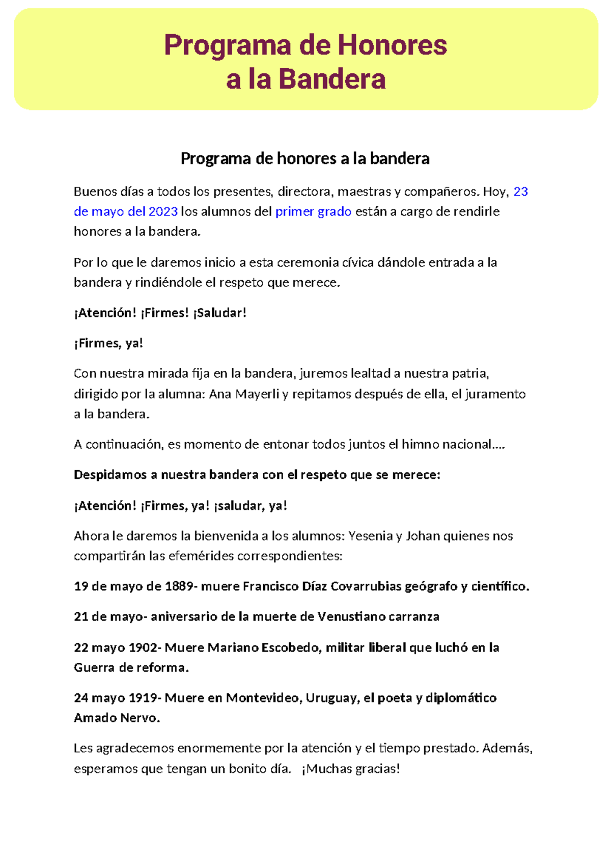 Programa de Honores a la Bandera - Ceremonia Cívica 2023 - Studocu