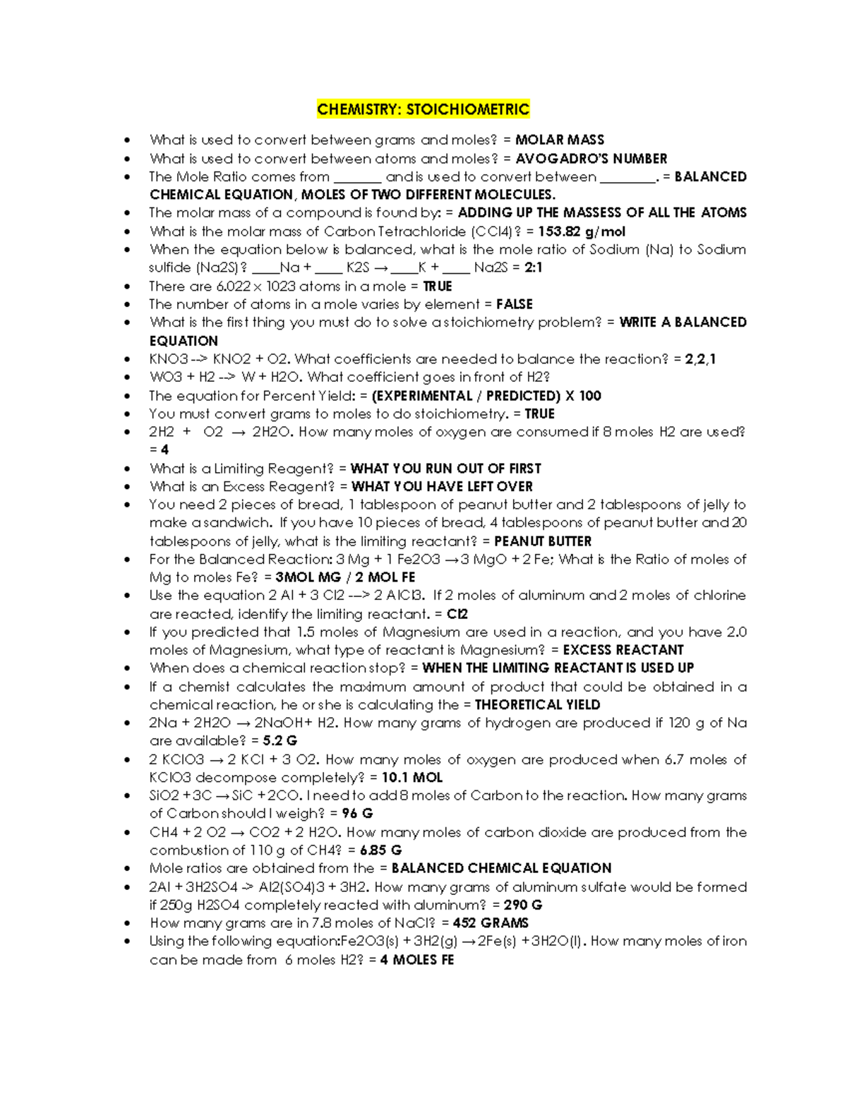 CHEM 101: Stoichiometry Study Guide & Key Concepts Review - Studocu