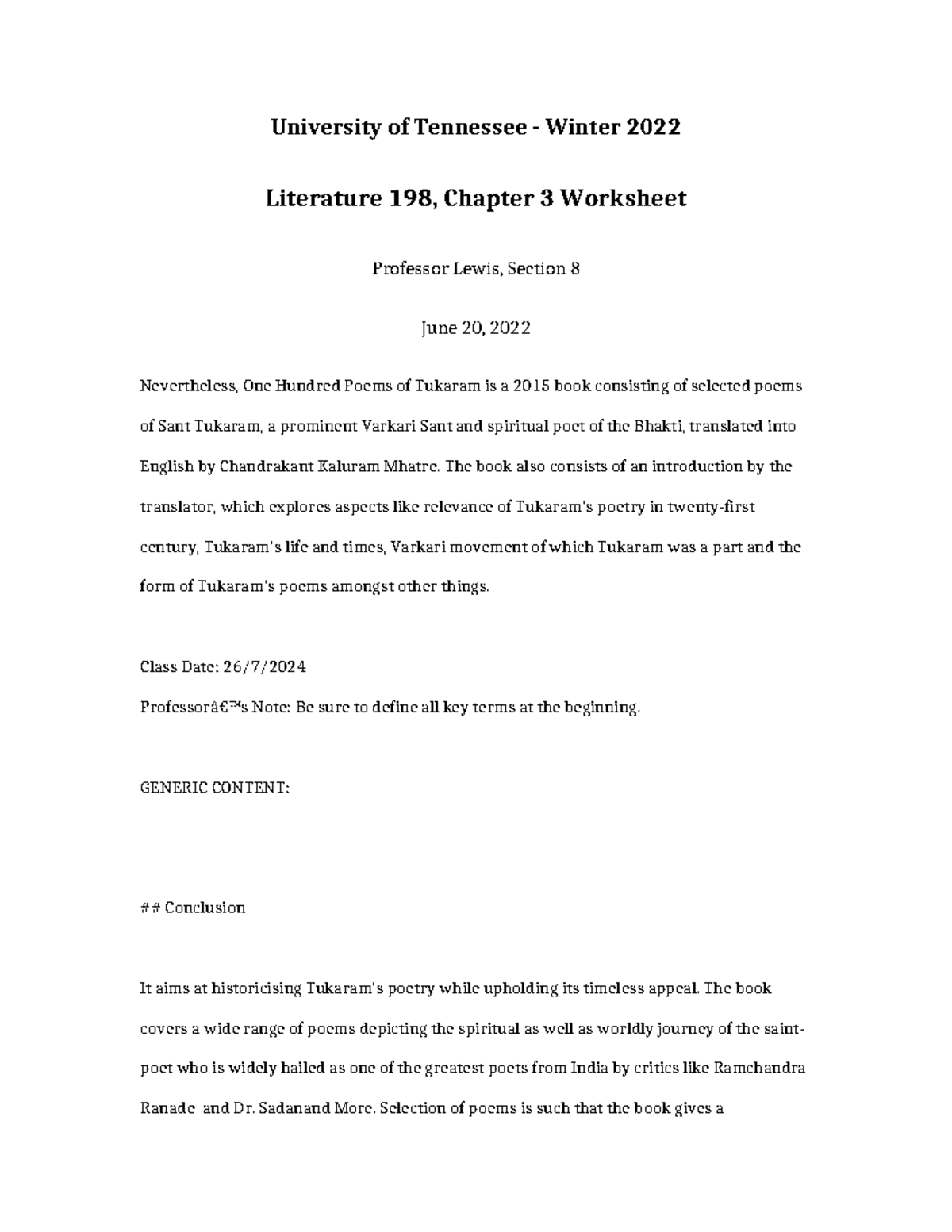 Literature 198 Chapter 3 Worksheet - University of Tennessee - Winter 2022 Literature 198 ...