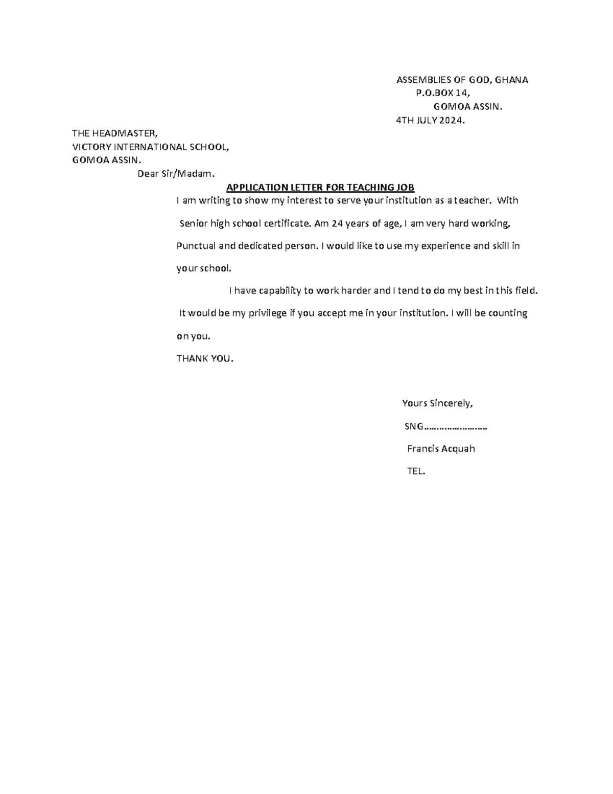 Application Letter for Teaching Position - Victory Int. School - Studocu