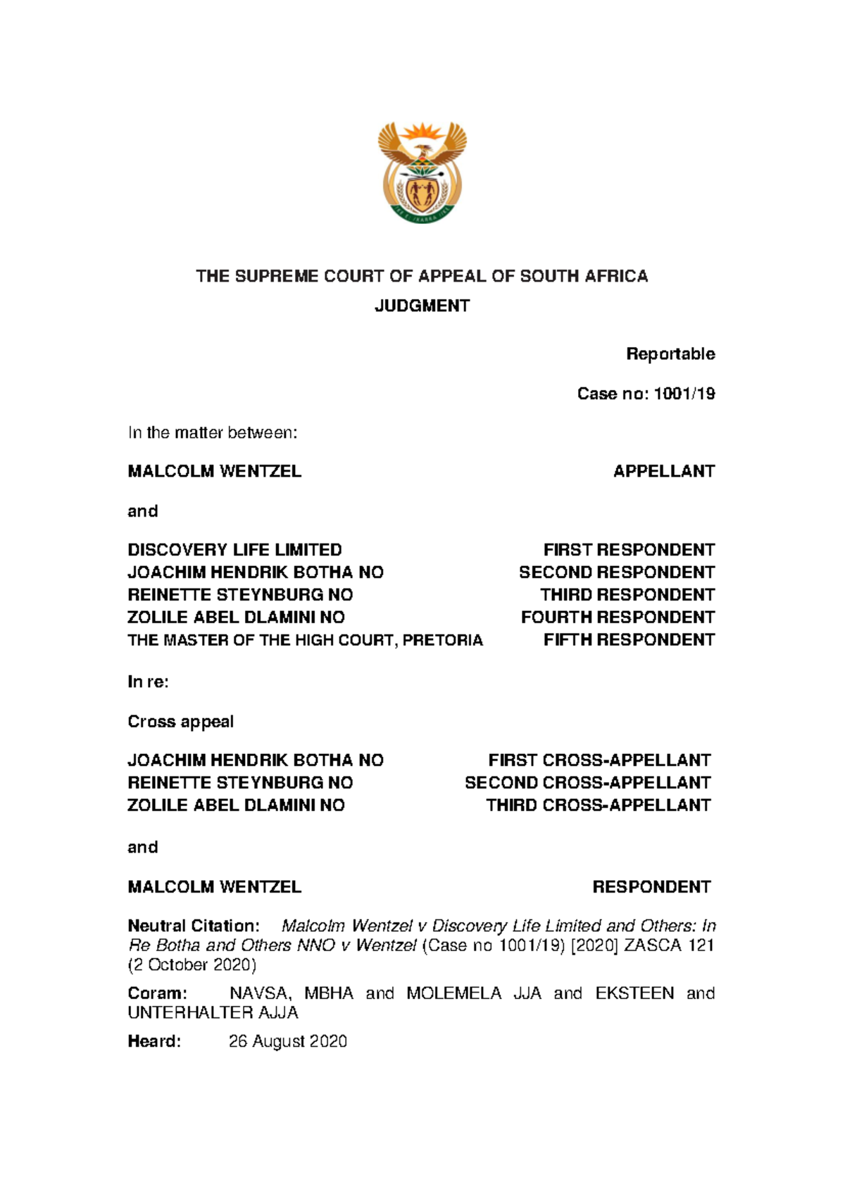Malcolm Wentzel v Discovery Life Ltd: ZASCA 121 Judgment Summary - Studocu
