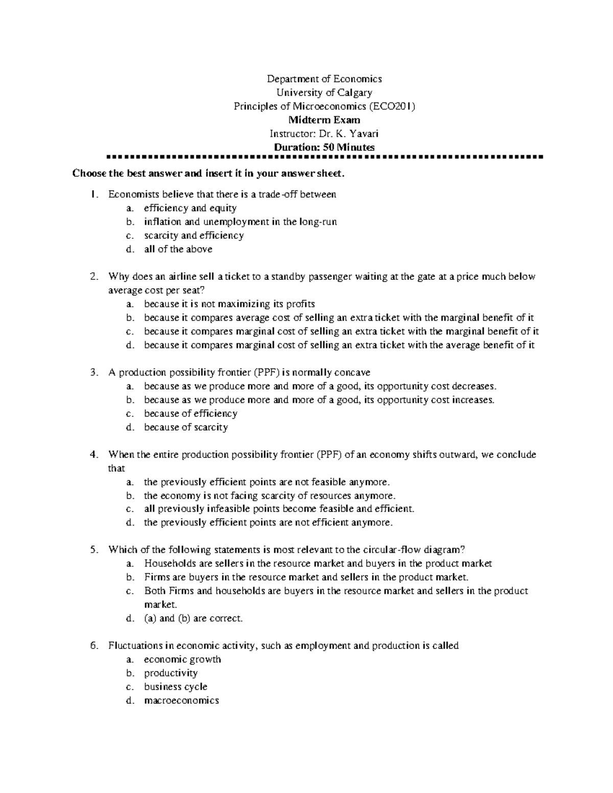 Midterm Exam for Econ 201 - Department of Economics University of ...
