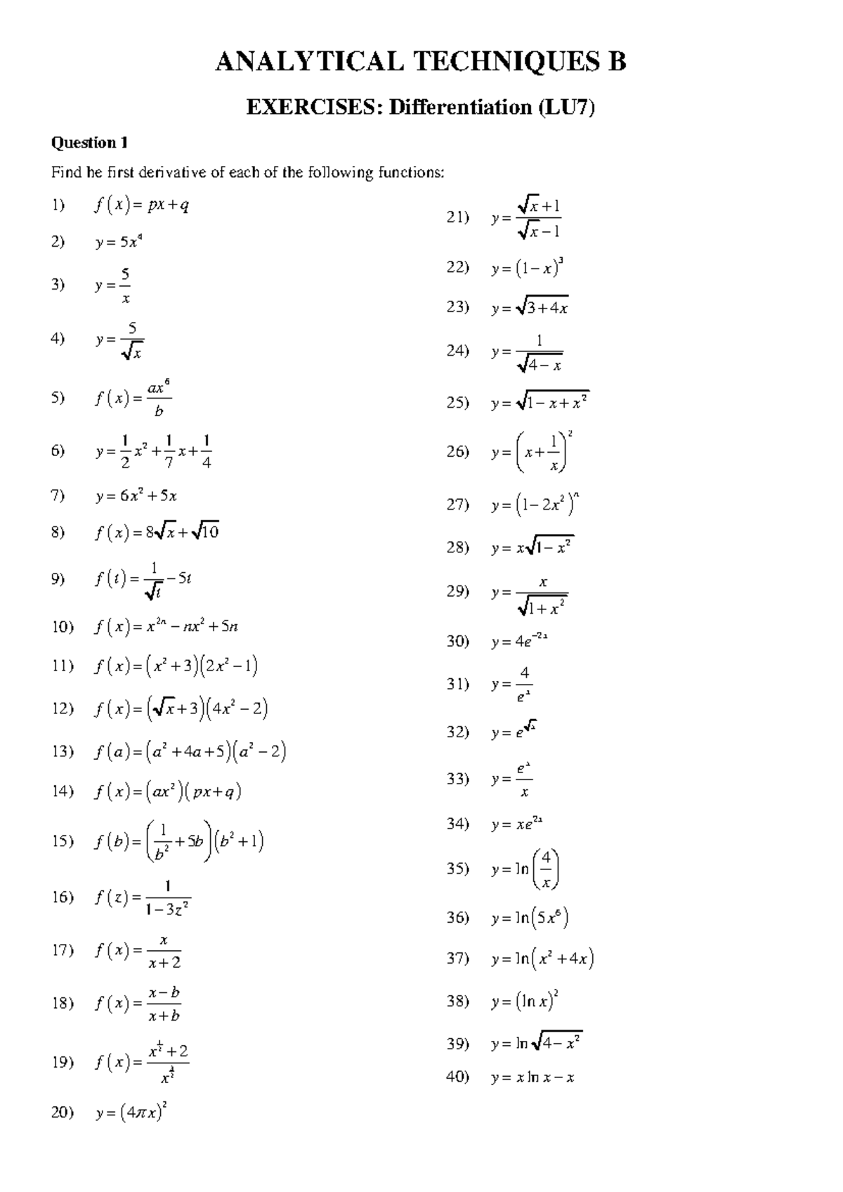 Analytical Techniques B: LU7 Differentiation Exercises - Studocu