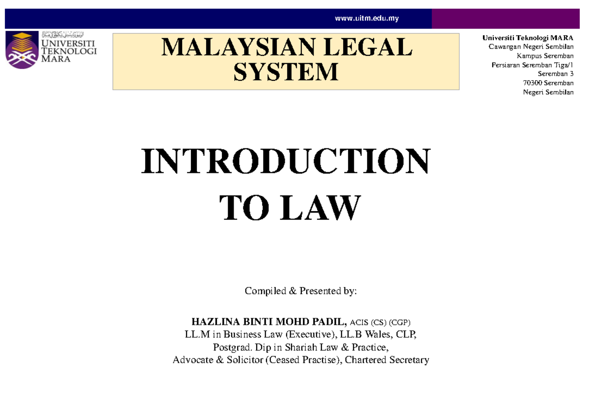 1 LAW245-Introduction to Law - uitm Universiti Teknologi MARA Cawangan ...