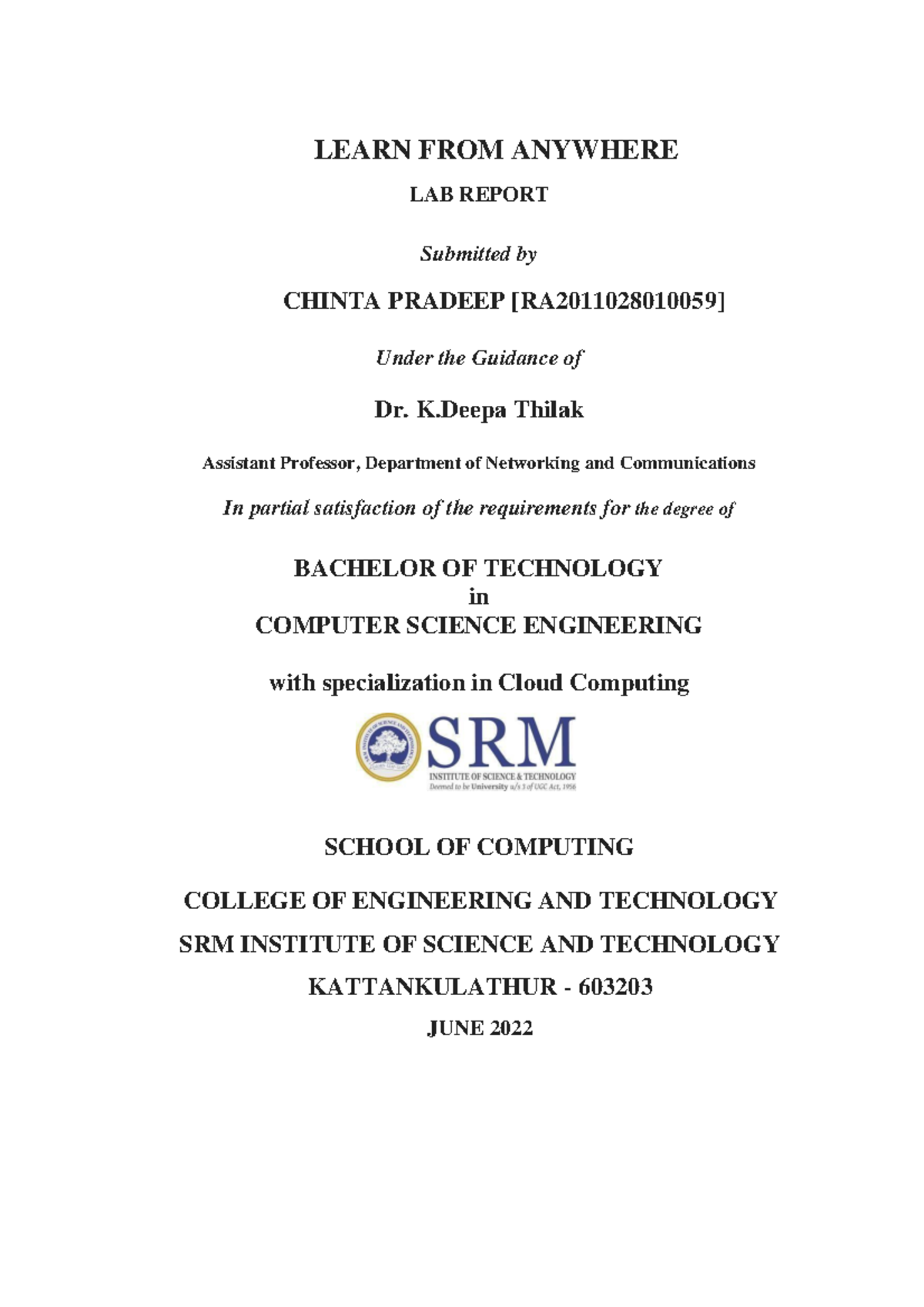 Sepm project - ####### LAB REPORT ####### Submitted by ####### Under ...