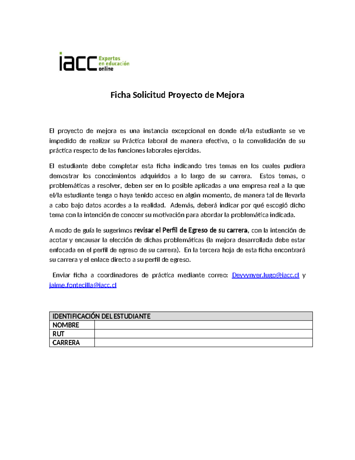 Ficha Solicitud Proyecto de Mejora en Gestión de Calidad y Ambiente ...