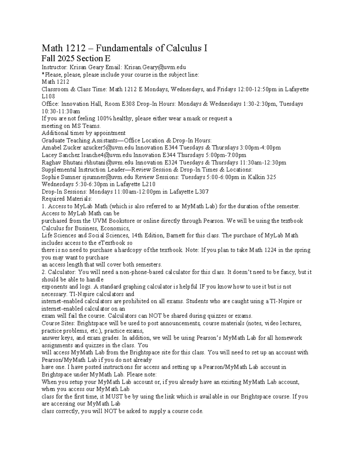 MATH 1212E Syllabus: Fundamentals of Calculus I - Fall 2025 - Studocu