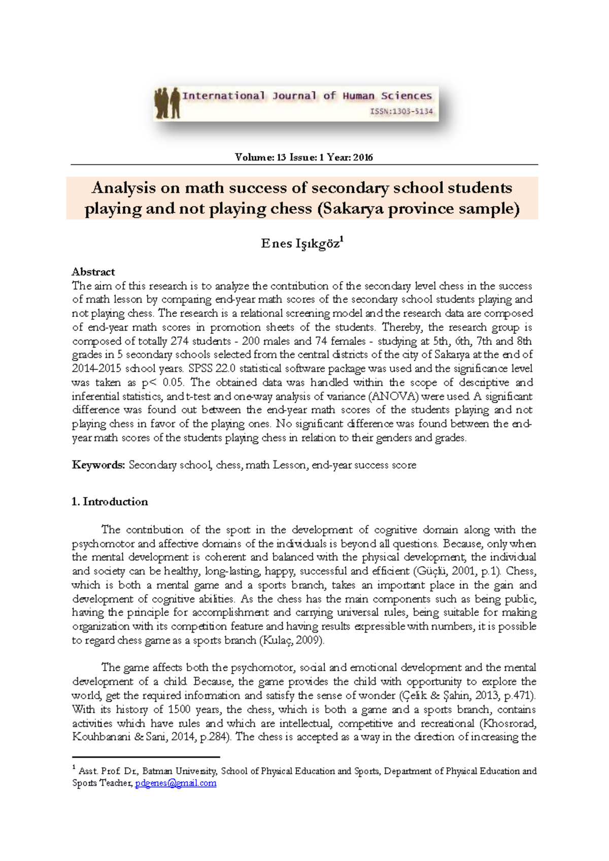 Analysis of Chess Impact on Math Success in Secondary Students (EDU 101 ...