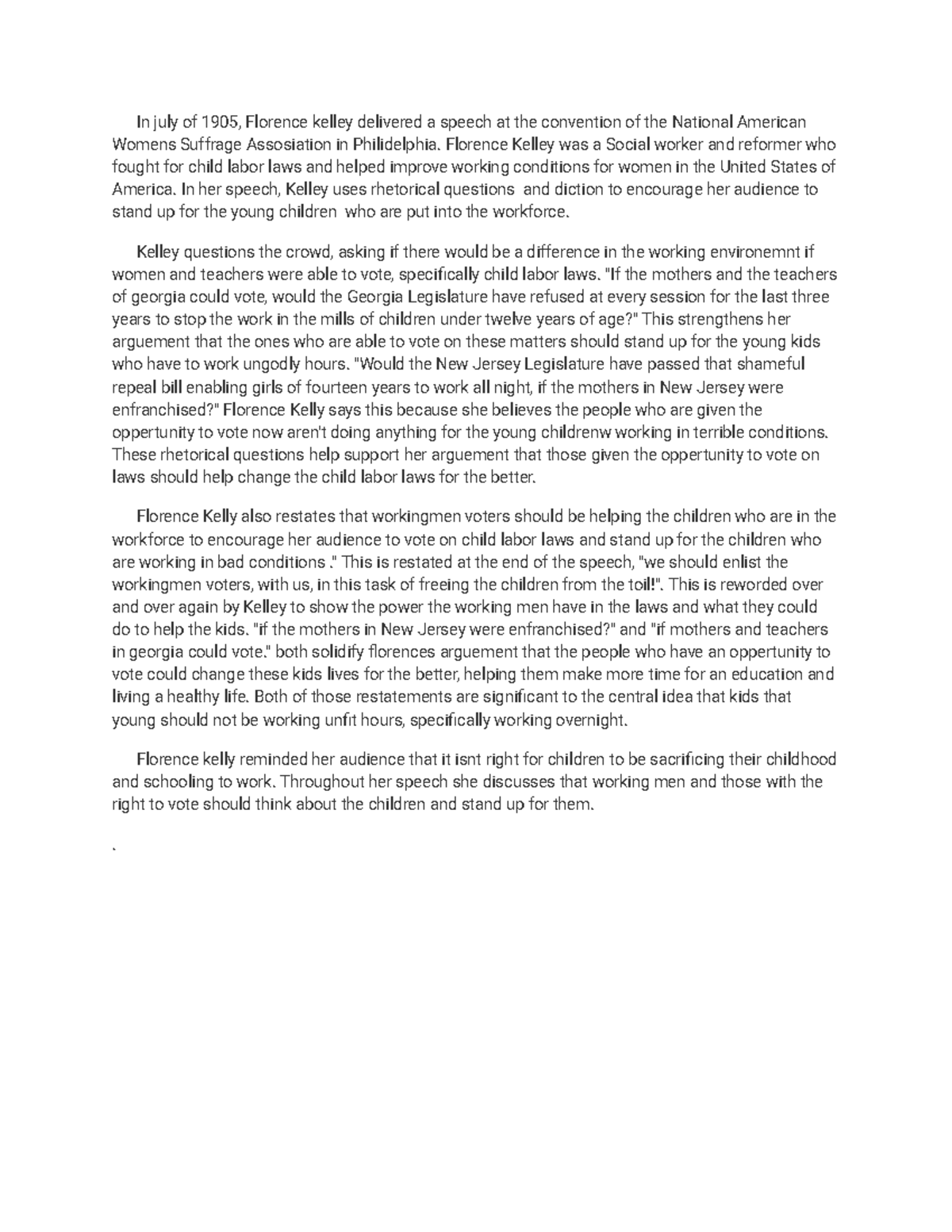 AP Lang Timed Essay: Florence Kelley's 1905 Speech on Child Labor - Studocu