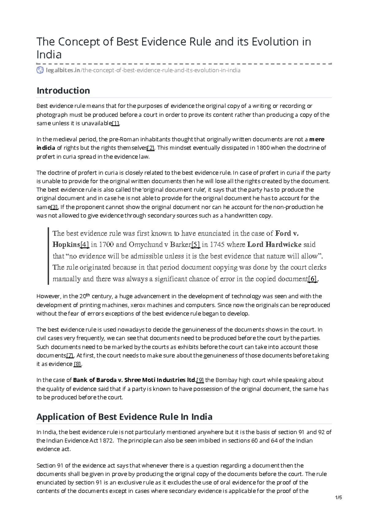 Evolution of the Best Evidence Rule in India (Law 101 Lecture Notes ...