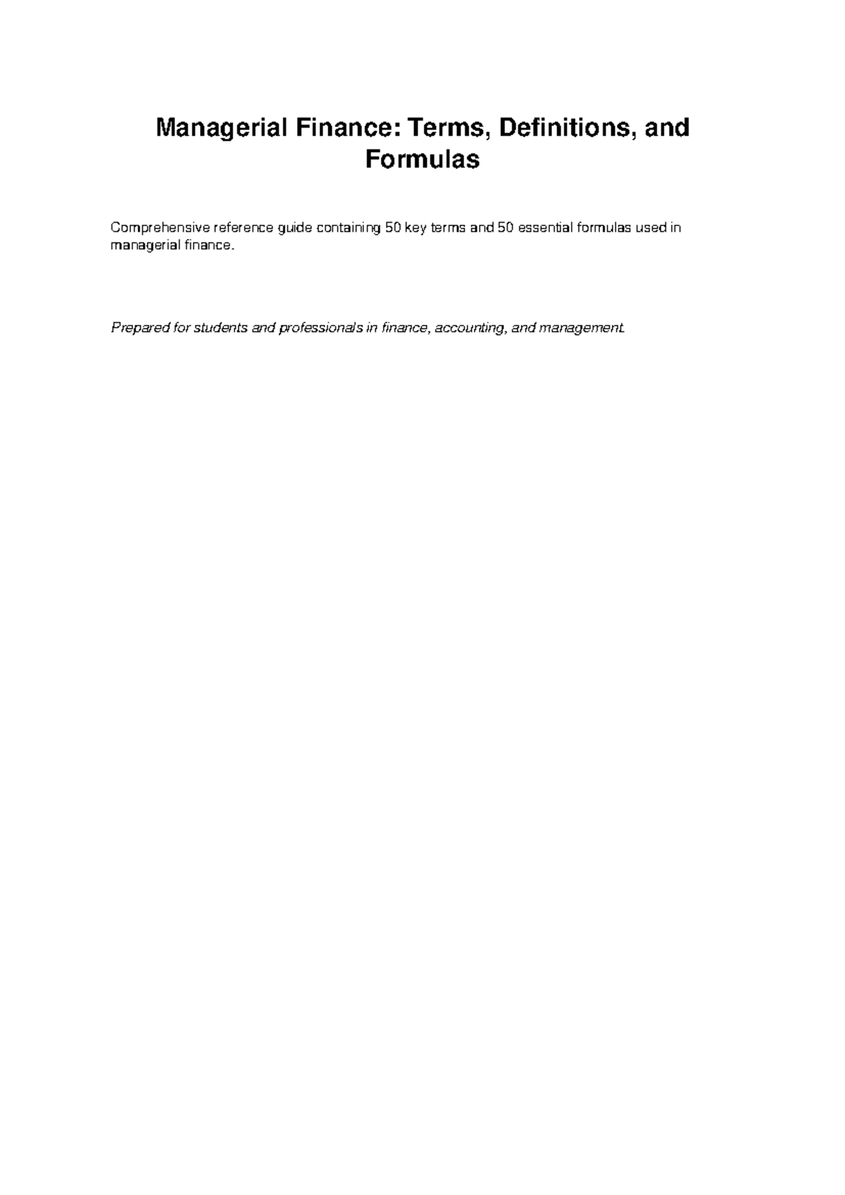 Managerial Finance: Key Terms & Formulas Reference Guide - Studocu