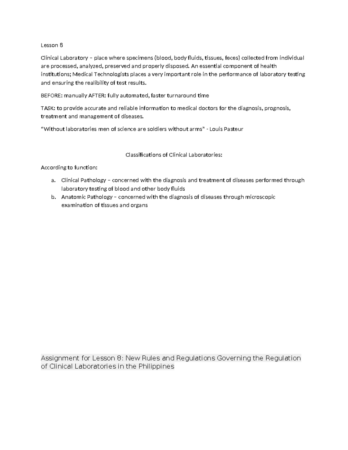 Lesson 8 - Rules and Regulation in Clinical Lab w reference - Lesson 8 ...