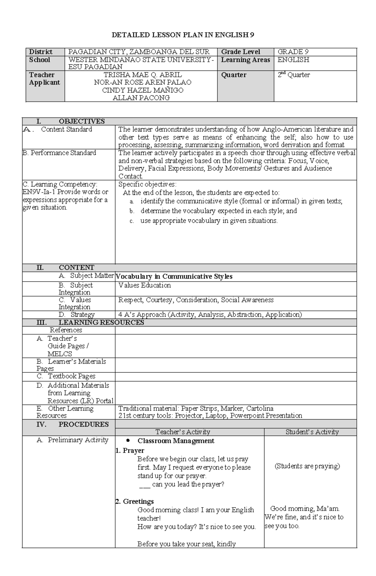 Grade 9 English Lesson Plan: Vocabulary in Communicative Styles - Studocu