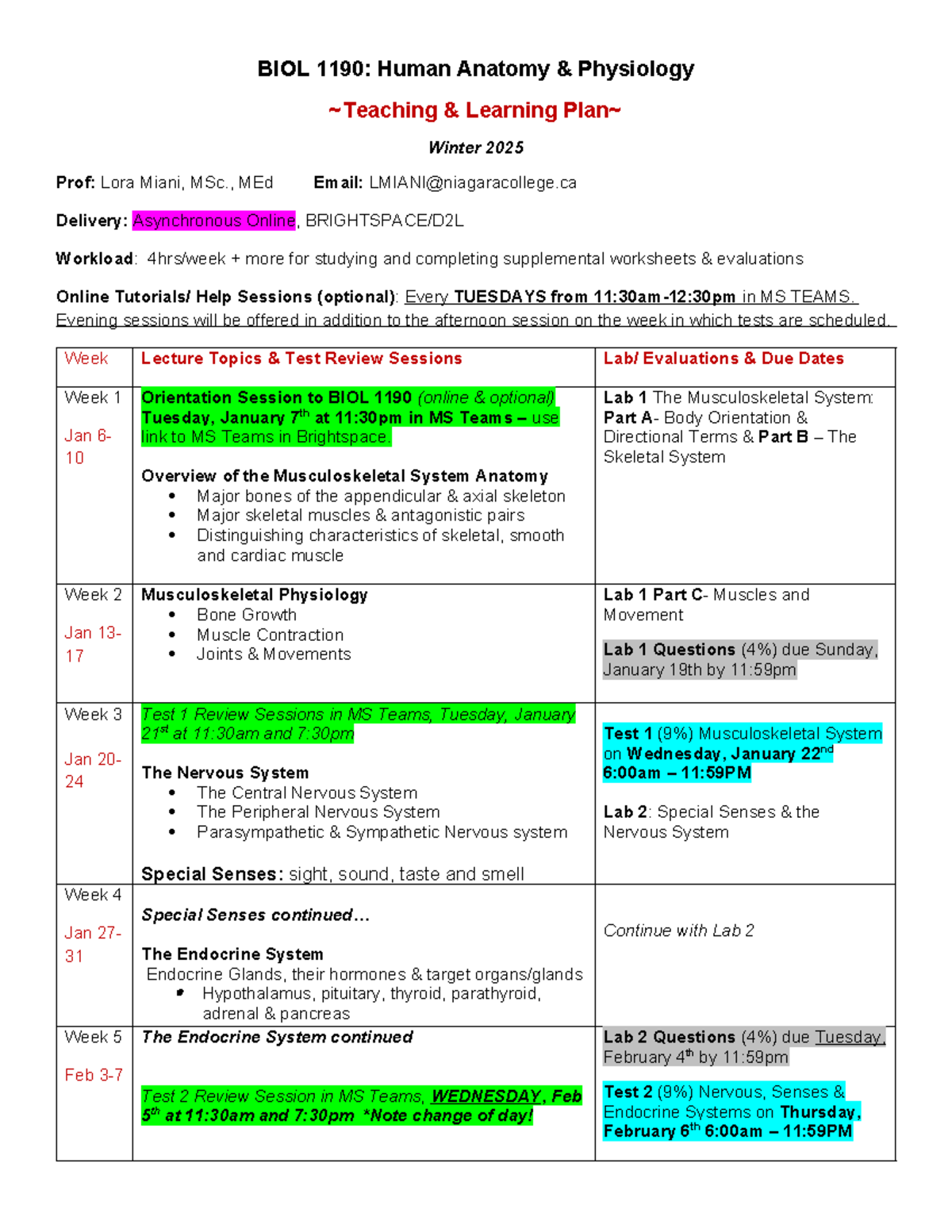 BIOL 1190: Anatomy & Physiology Teaching & Learning Plan Winter 2025 ...