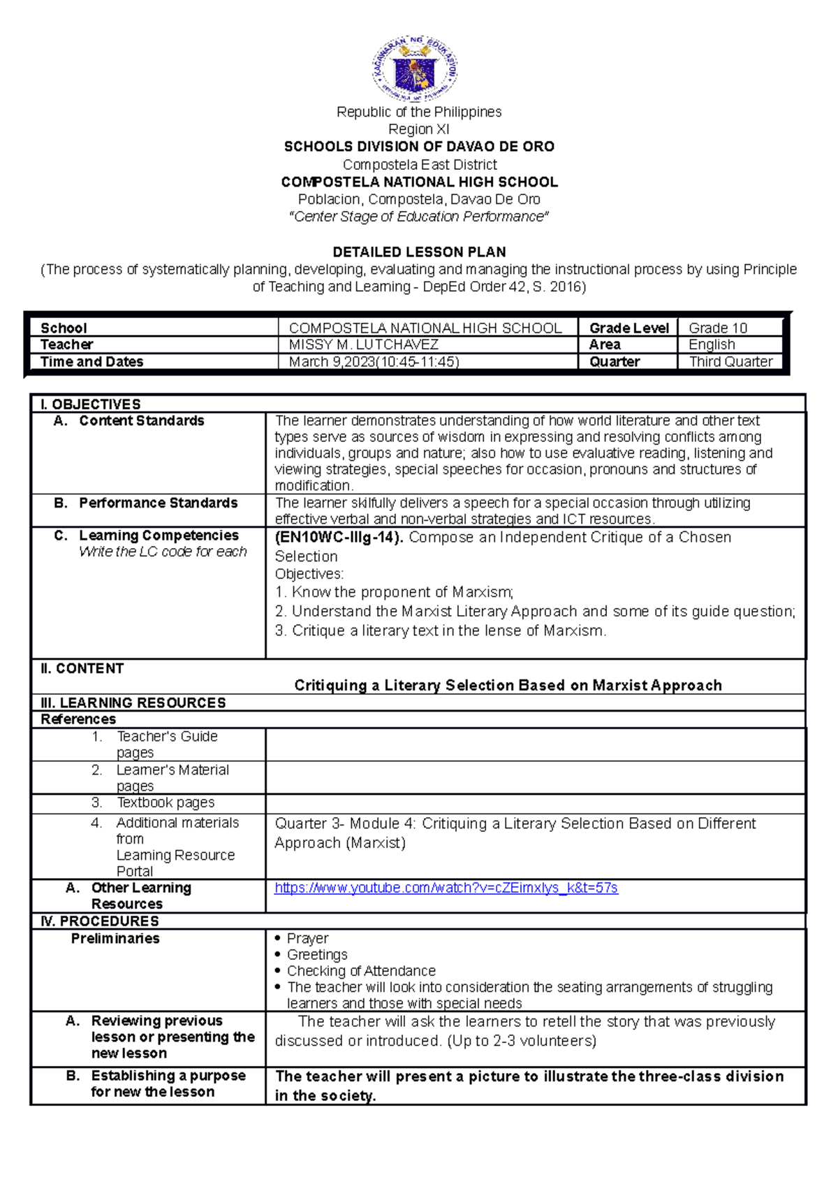 Marxist Literary Critique DLP - Grade 10 English - Quarter 3 - Studocu