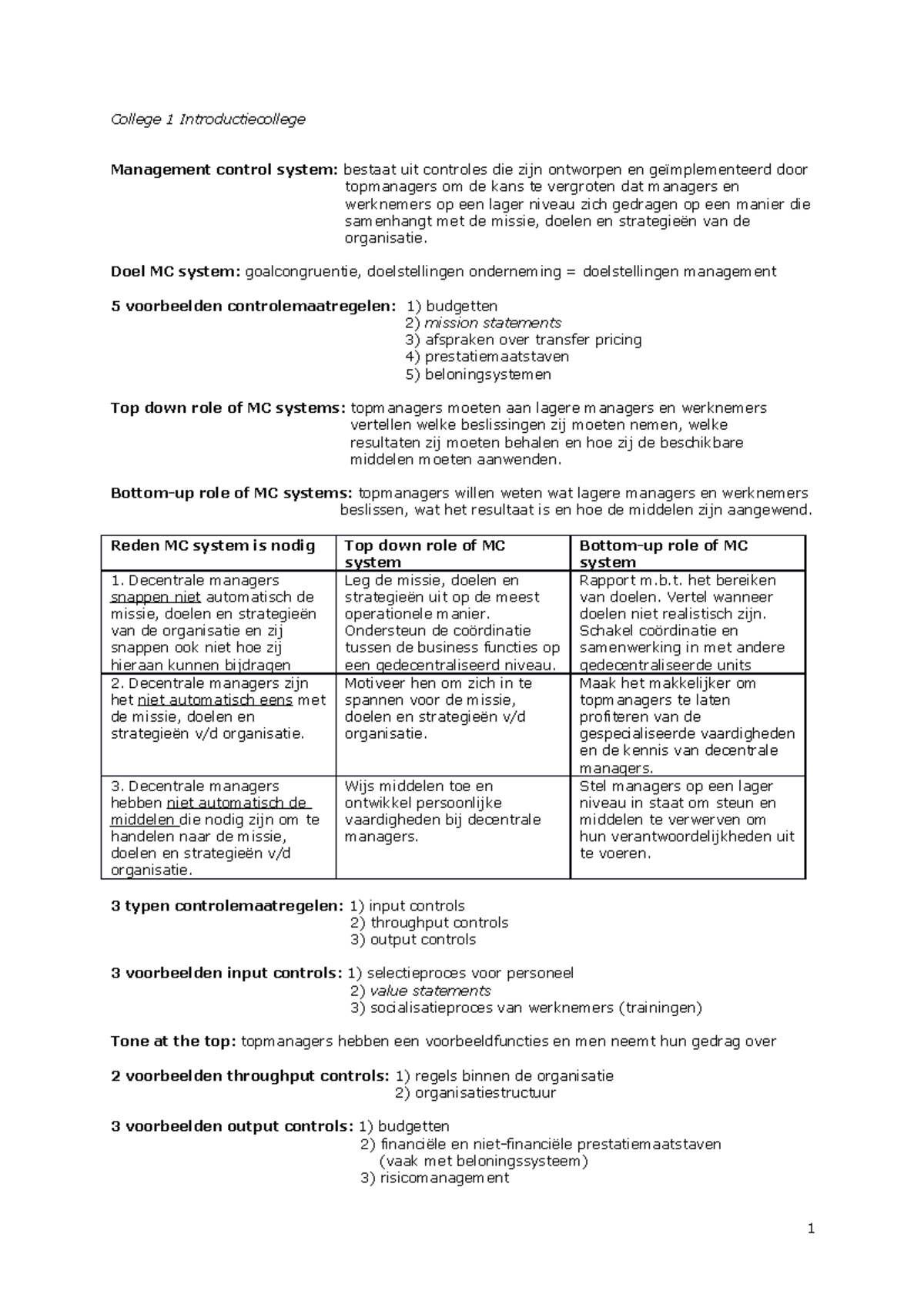 Samenvatting MACO 101 - Management Controle Systemen en Strategieën ...