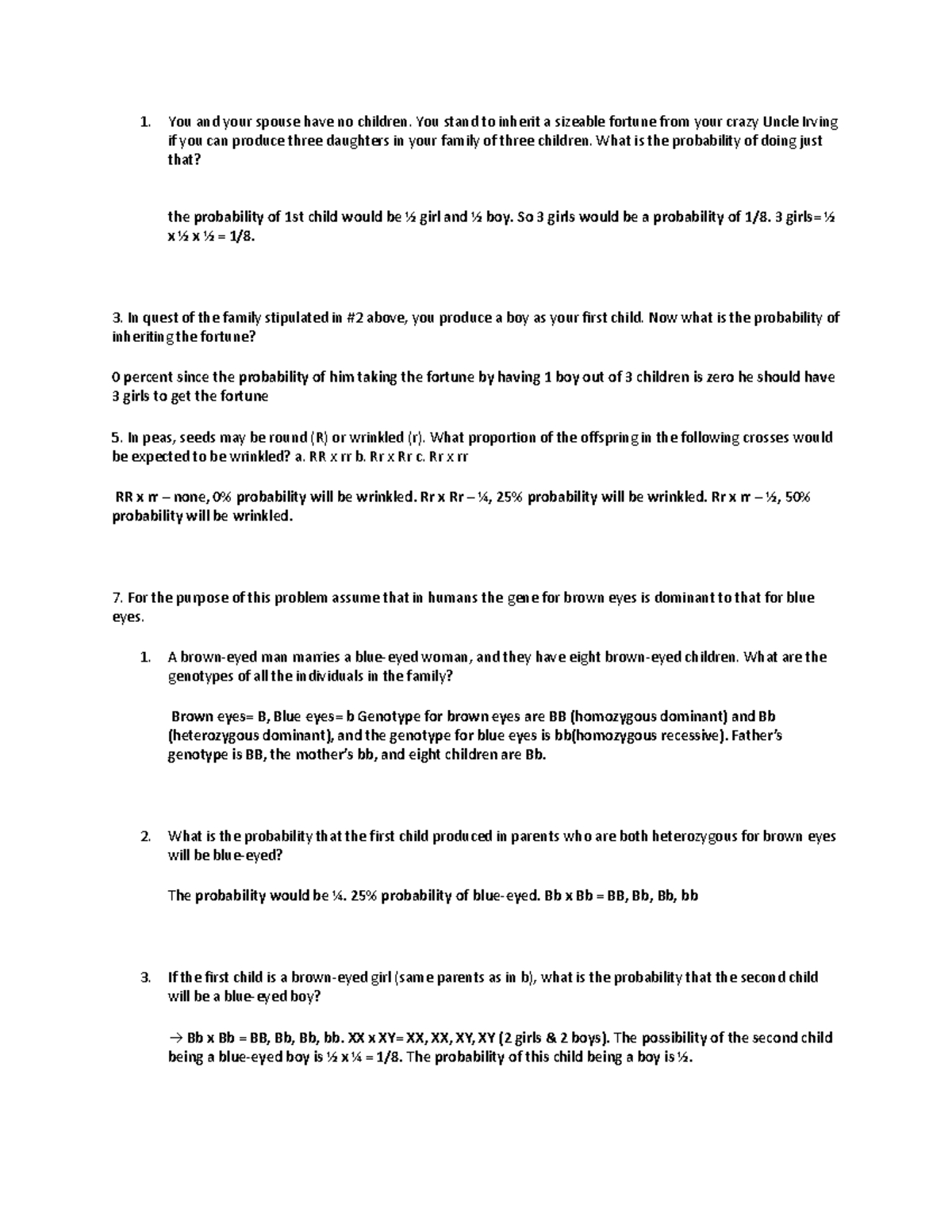Genetics HW 2: Probability of Inheritance and Genetic Crosses Analysis ...