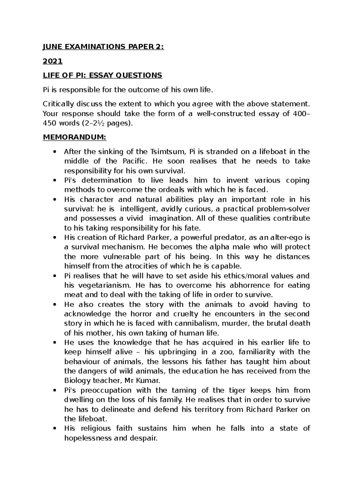 LIFE OF PI: ESSAY QUESTIONS - JUNE EXAM 2021 (PAPER 2) Analysis - Studocu