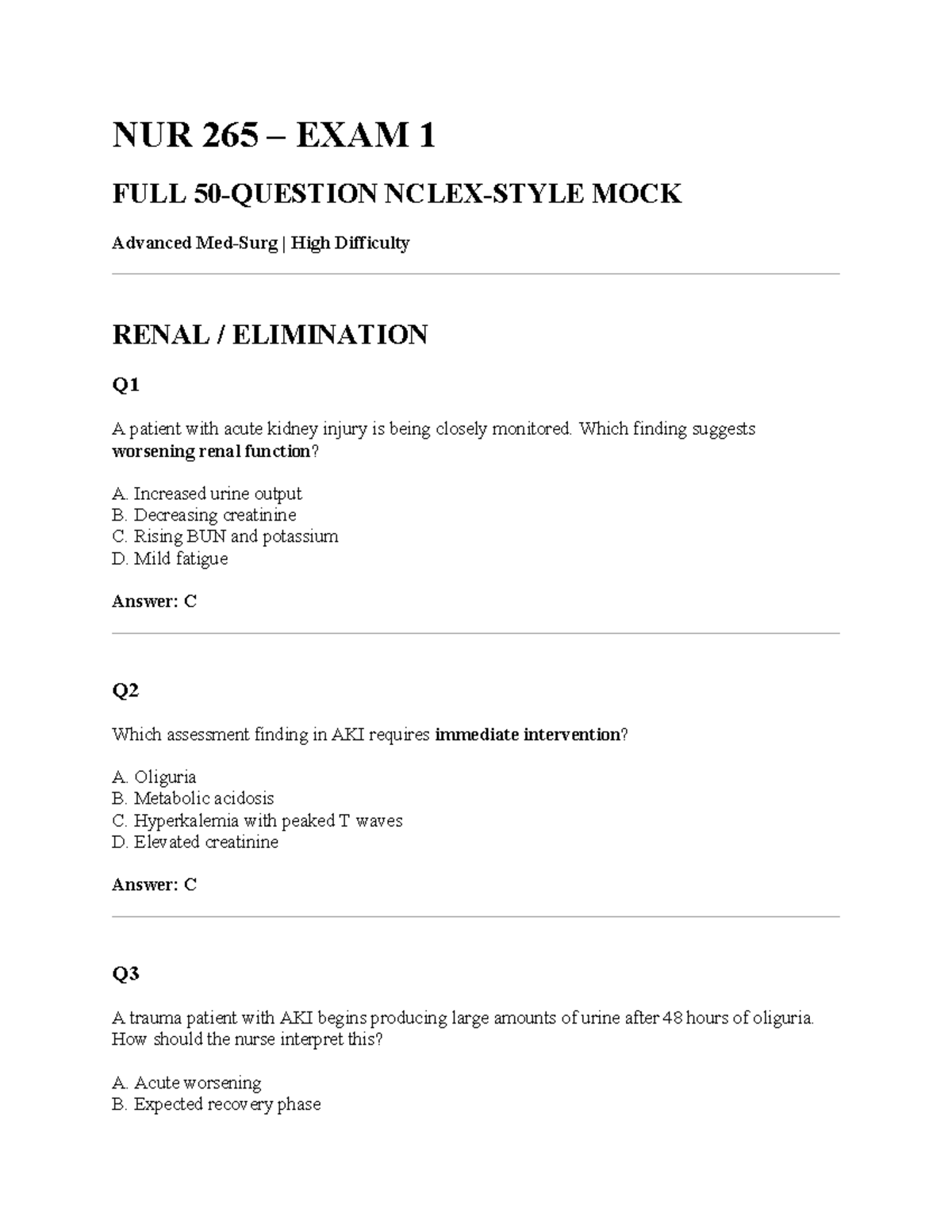 NUR 265 - EXAM 1 FULL 50-Question NCLEX-Style MOCK Test - Studocu