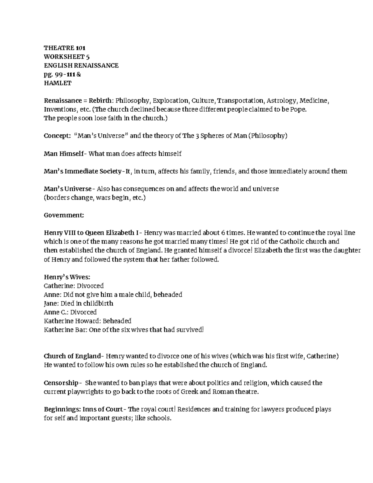 Theatre-Chapter 5 - THEATRE 101WORKSHEET 5 ENGLISH RENAISSANCEpg. 99 ...