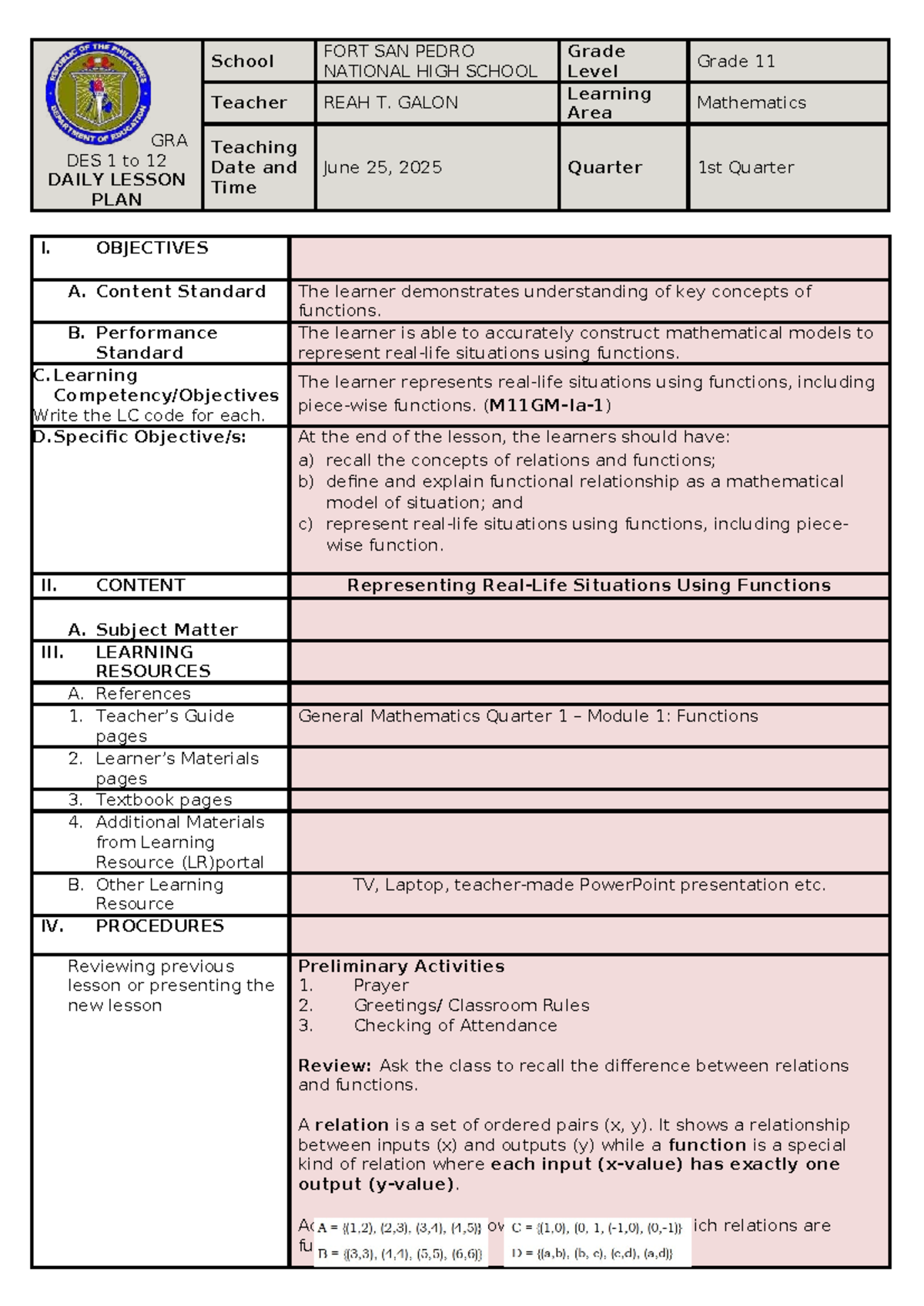 GRA DES 1-12: Grade 11 Math Daily Lesson Plan on Functions - Studocu