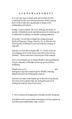 HRM Notes - MODULE TITLE: HEALTH RECORDS MANAGEMENT Introduction to the ...