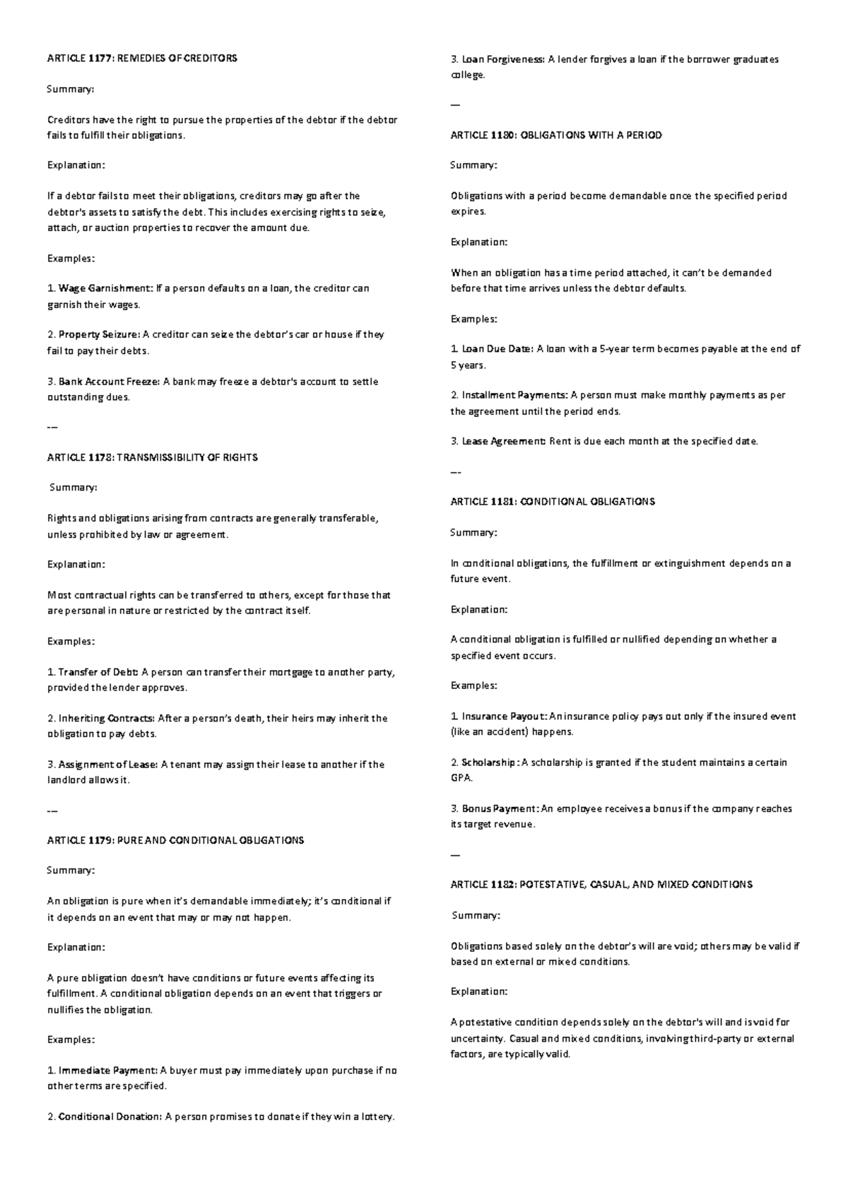 Obligations and Contracts Notes: Articles 1177-1187 Overview - Studocu
