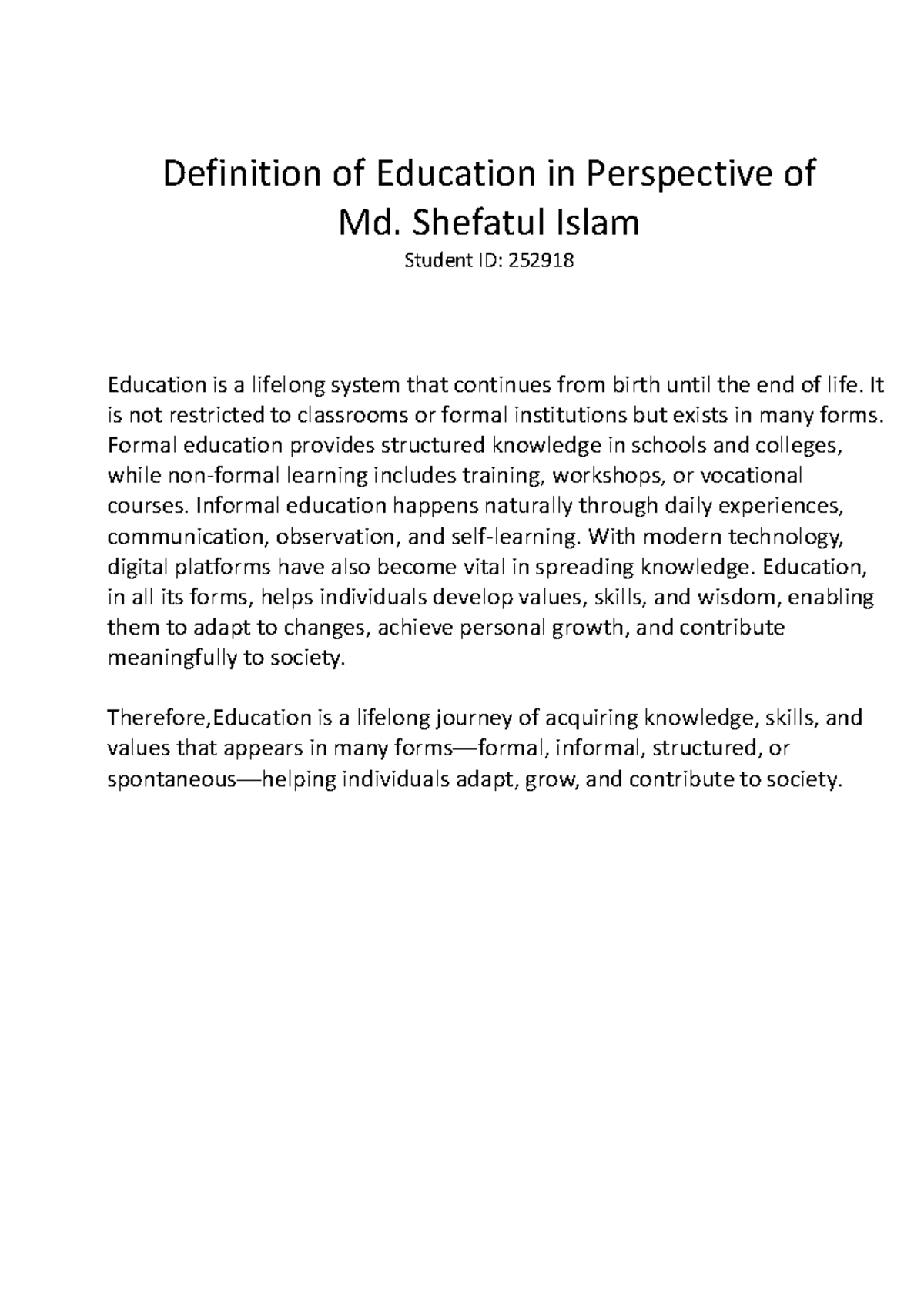 EDU 101: Definition of Education - A Lifelong Journey - Studocu
