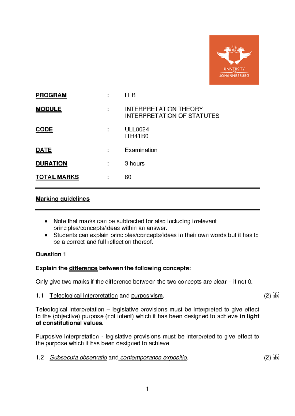 Interpretation exam memo 2020 - PROGRAM : LLB MODULE : INTERPRETATION ...