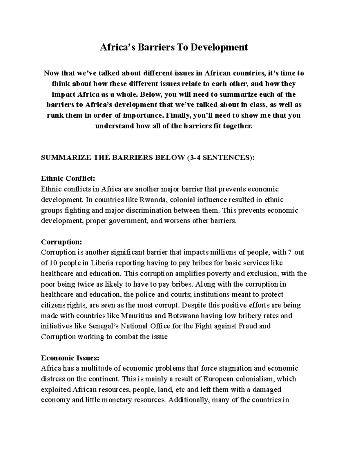 Africa’s Barriers To Development Assignment - Africa’s Barriers To ...