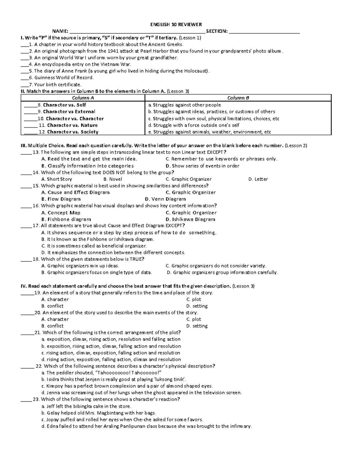ENGLISH 10 WORKSHEET REVIEWER: LESSONS 1-3 OVERVIEW - Studocu