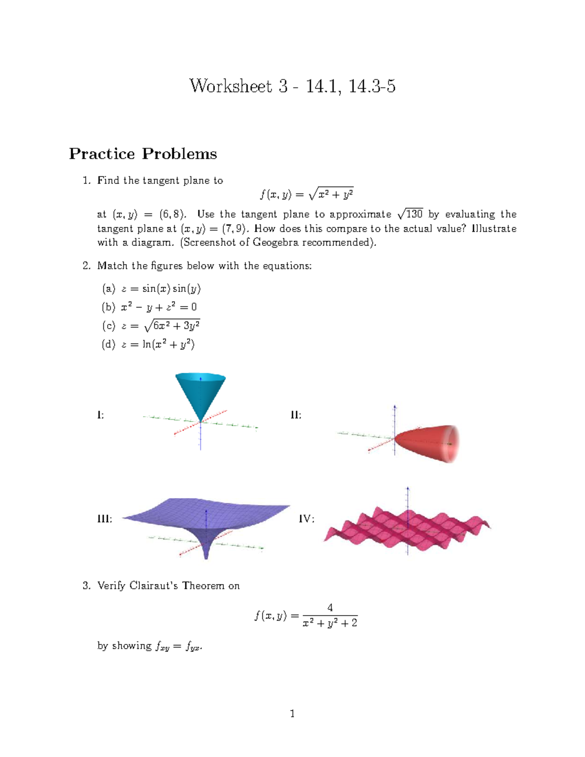 Worksheet 3: Tangent Plane & Practice Problems in Calculus - Studocu