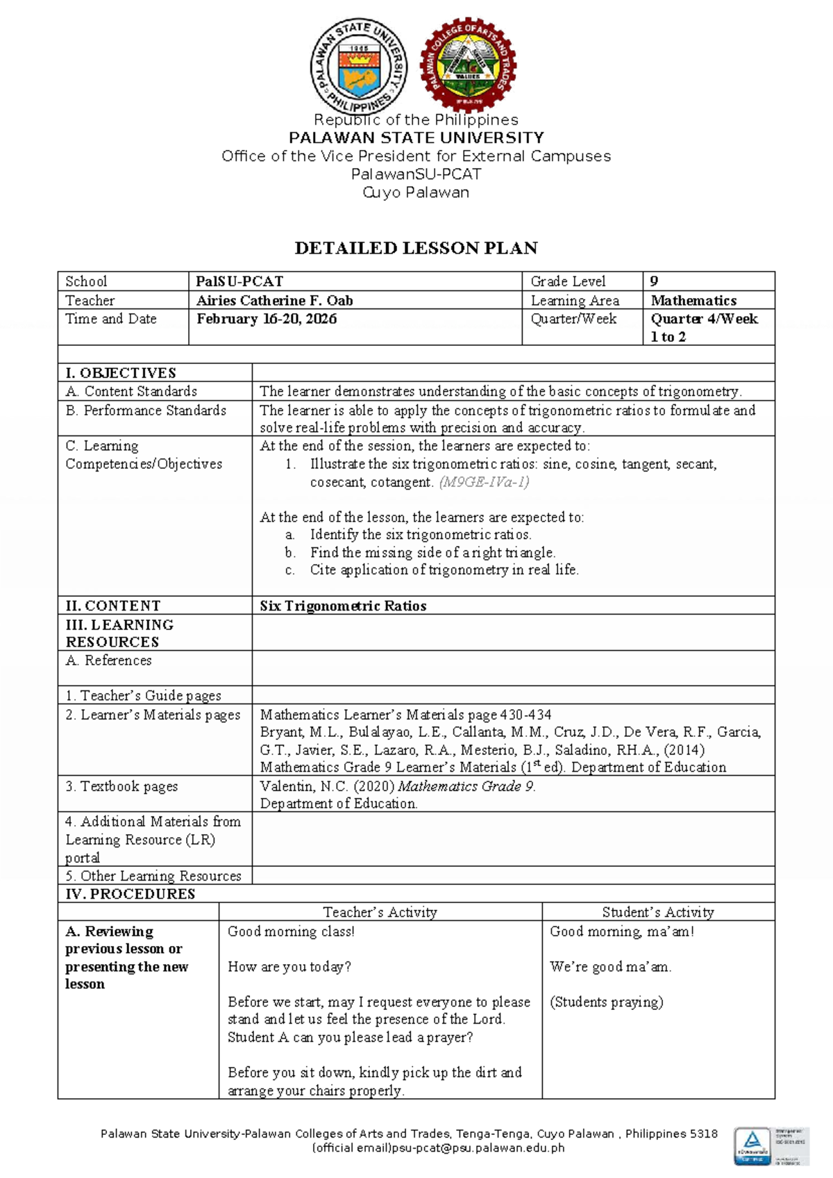 Detailed Lesson Plan on Trigonometric Ratios for Grade 9 Mathematics ...