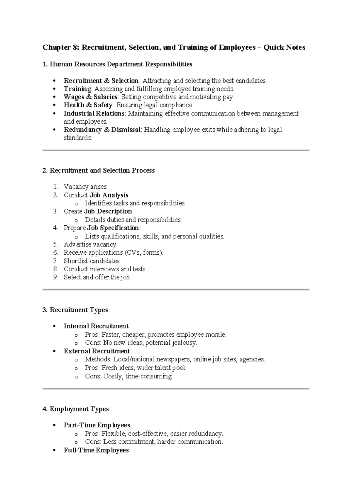 Chapter 8: Recruitment, Selection, and Training of Employees (BS) Notes ...