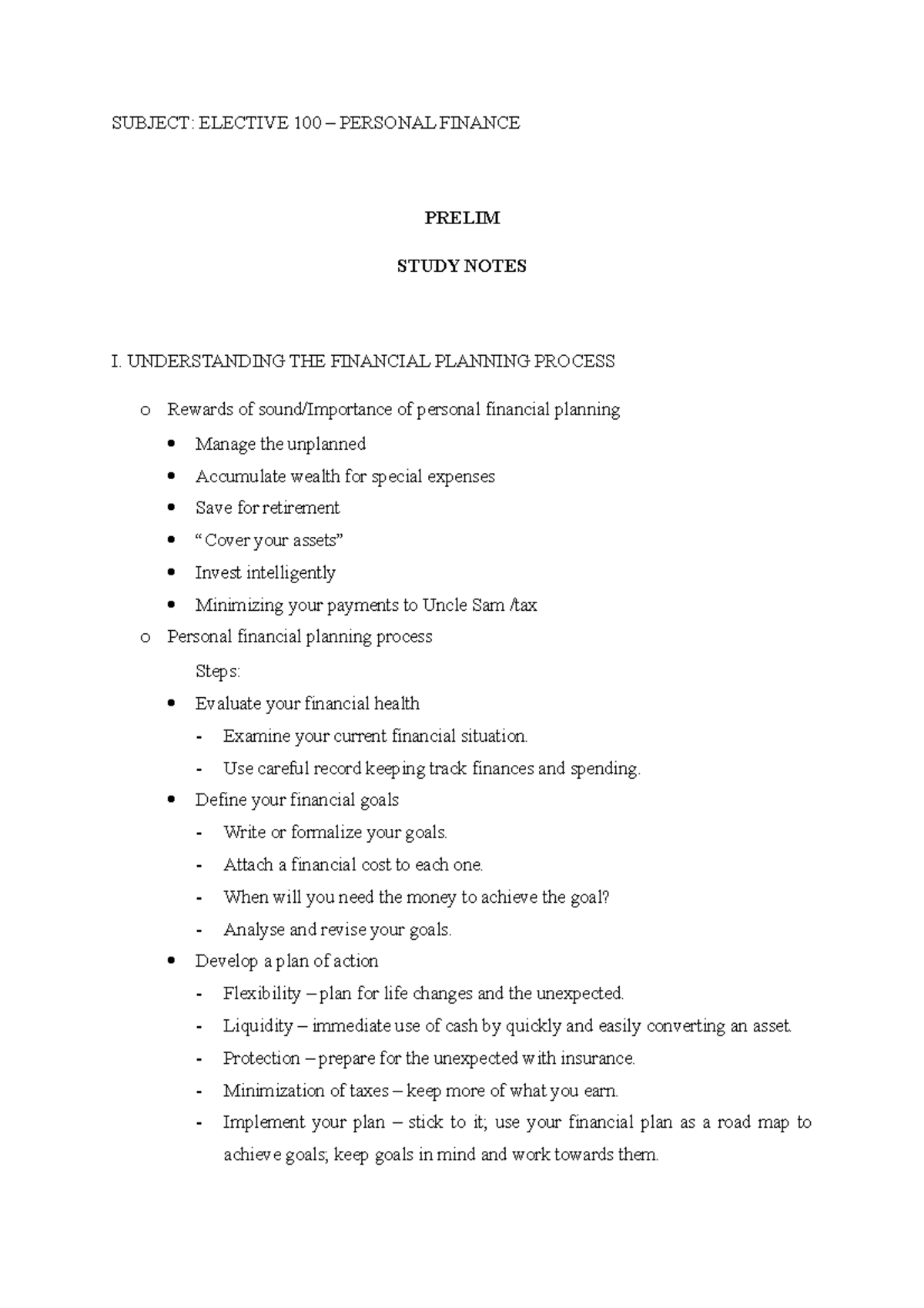ELECTIVE 100: Personal Finance Study Notes & Financial Planning Guide ...