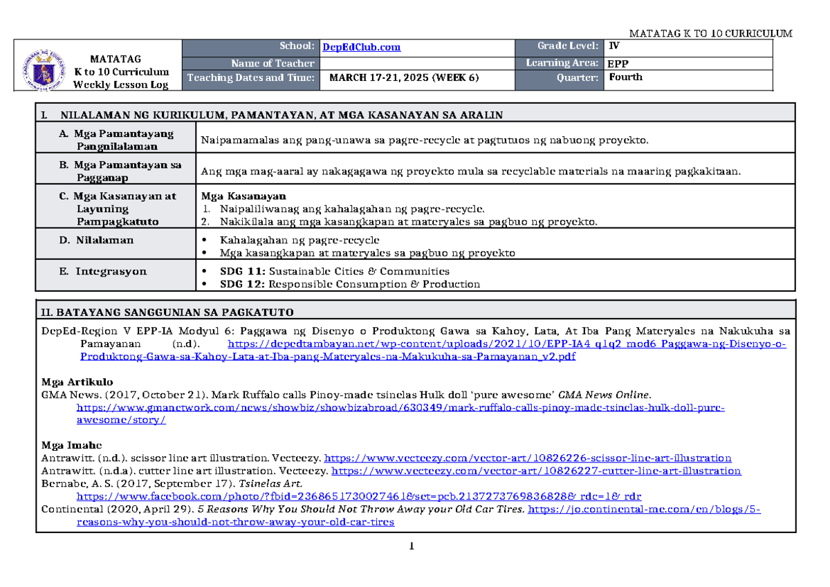 DLL Matatag EPP 4 Q4 W6 - NOTES - MATATAG K to 10 Curriculum Weekly ...