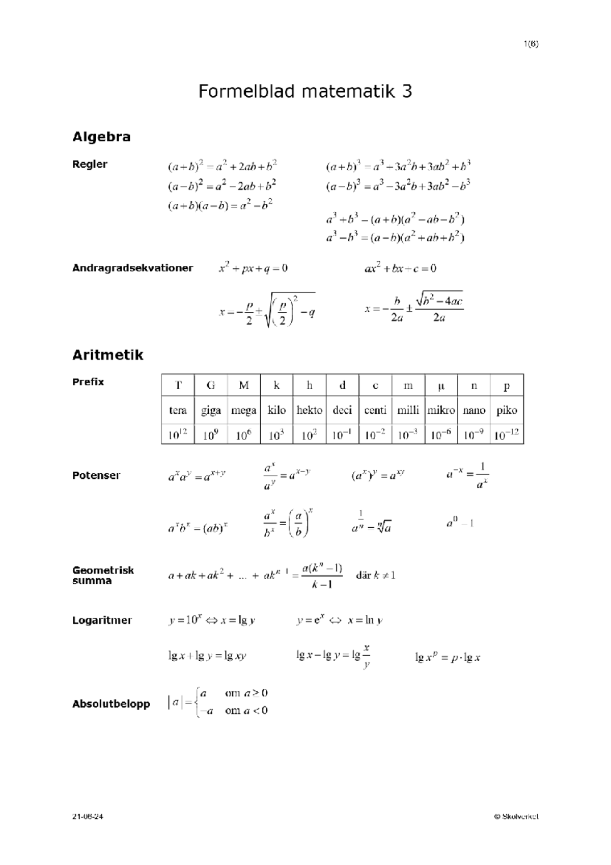 Nedladdning - En formelsamling for Ma3c Naturvetenskap - 1(6) Formelblad matematik 3 Algebra ...