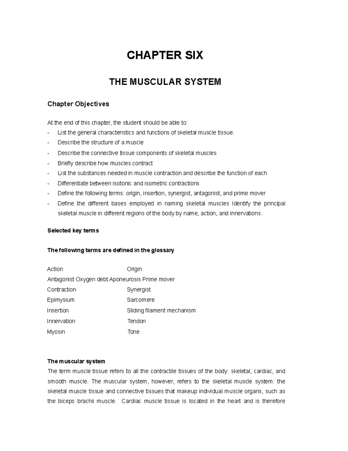 AP28 - notes - CHAPTER SIX THE MUSCULAR SYSTEM Chapter Objectives At ...