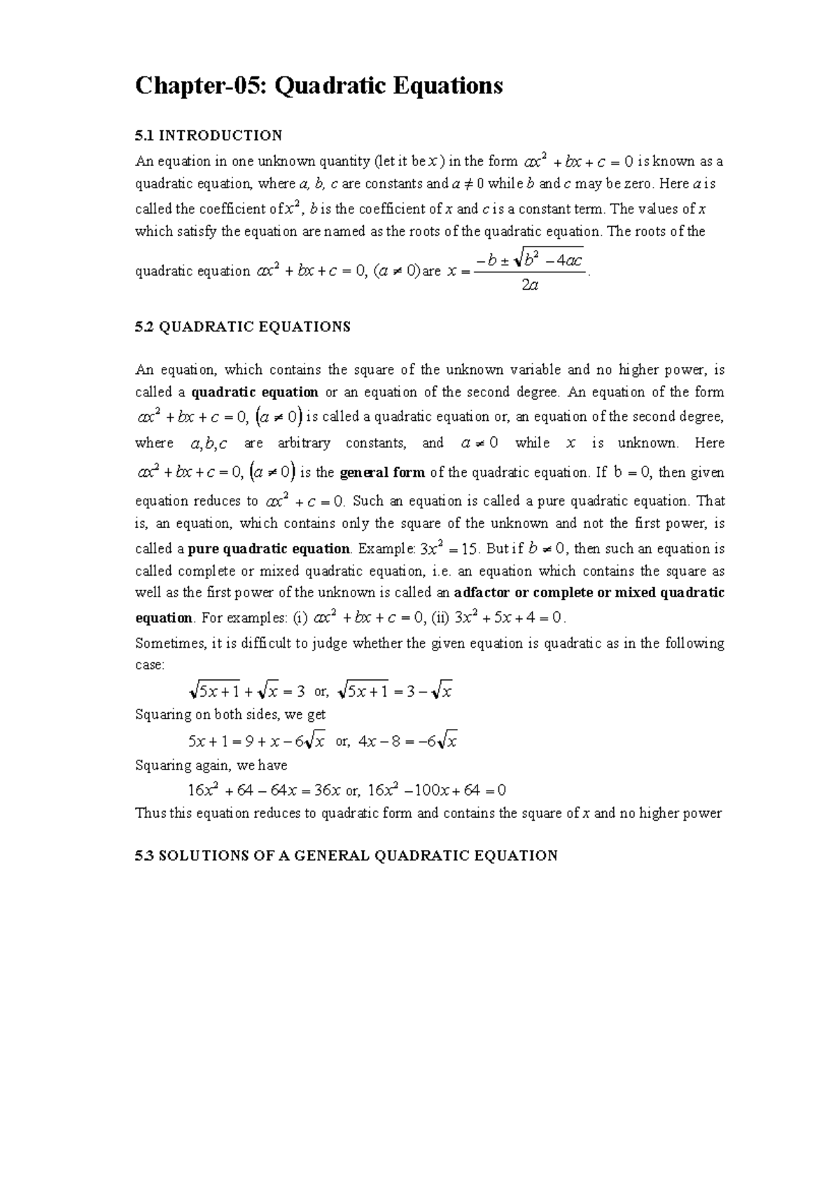 Chapter 05: Quadratic Equations and Their Applications - Studocu