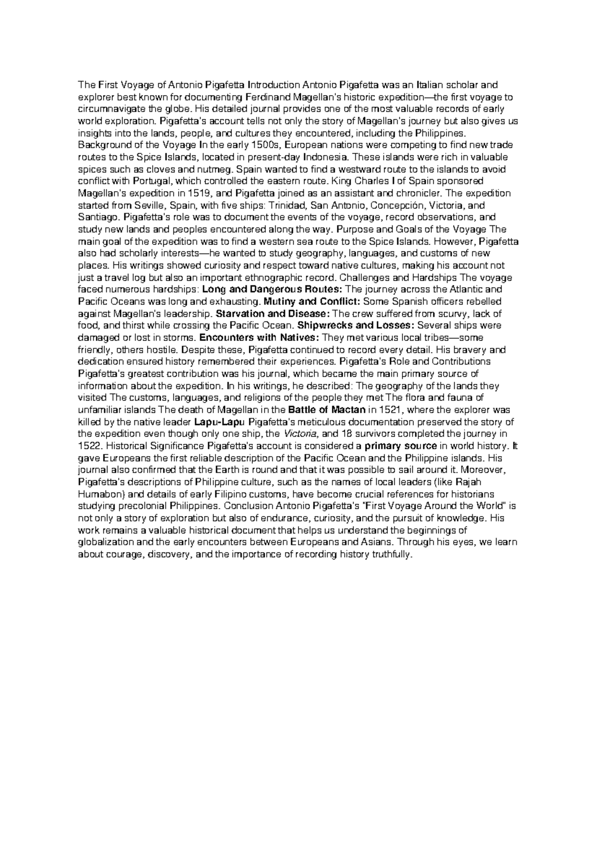 The First Voyage of Antonio Pigafetta: A Historical Account - Studocu