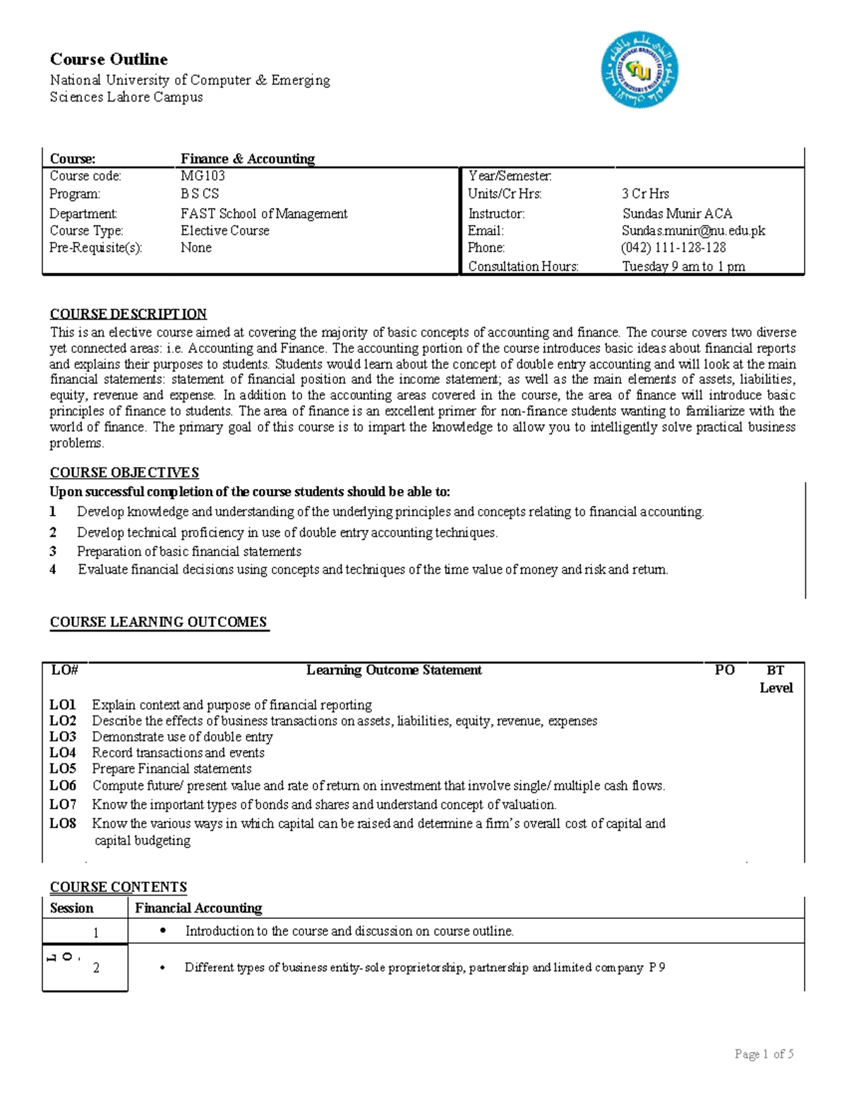 Finance and Accounting Course Outline - MG103 BS CS - Studocu