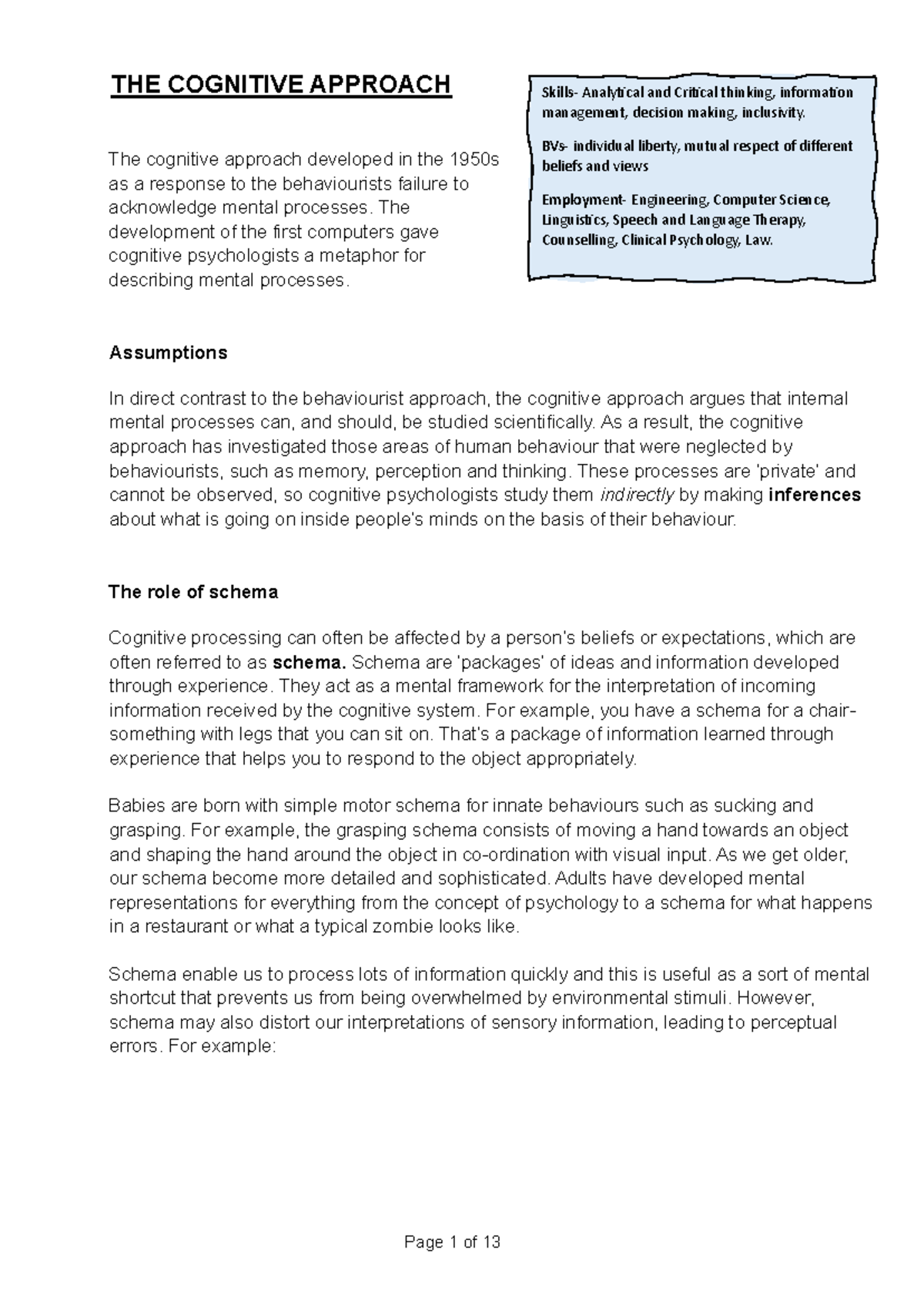 Cognitive Approach in Psychology: Key Concepts and Models - Studocu