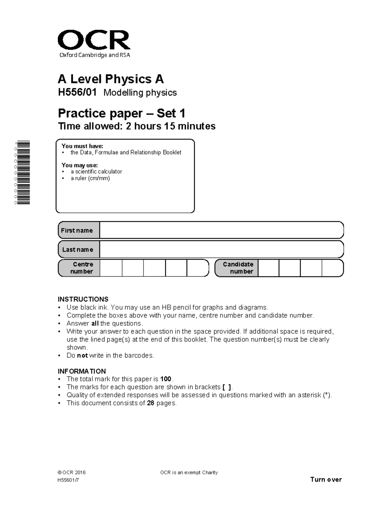 H556/01 A Level Physics Practice Paper Set 1 - Studocu