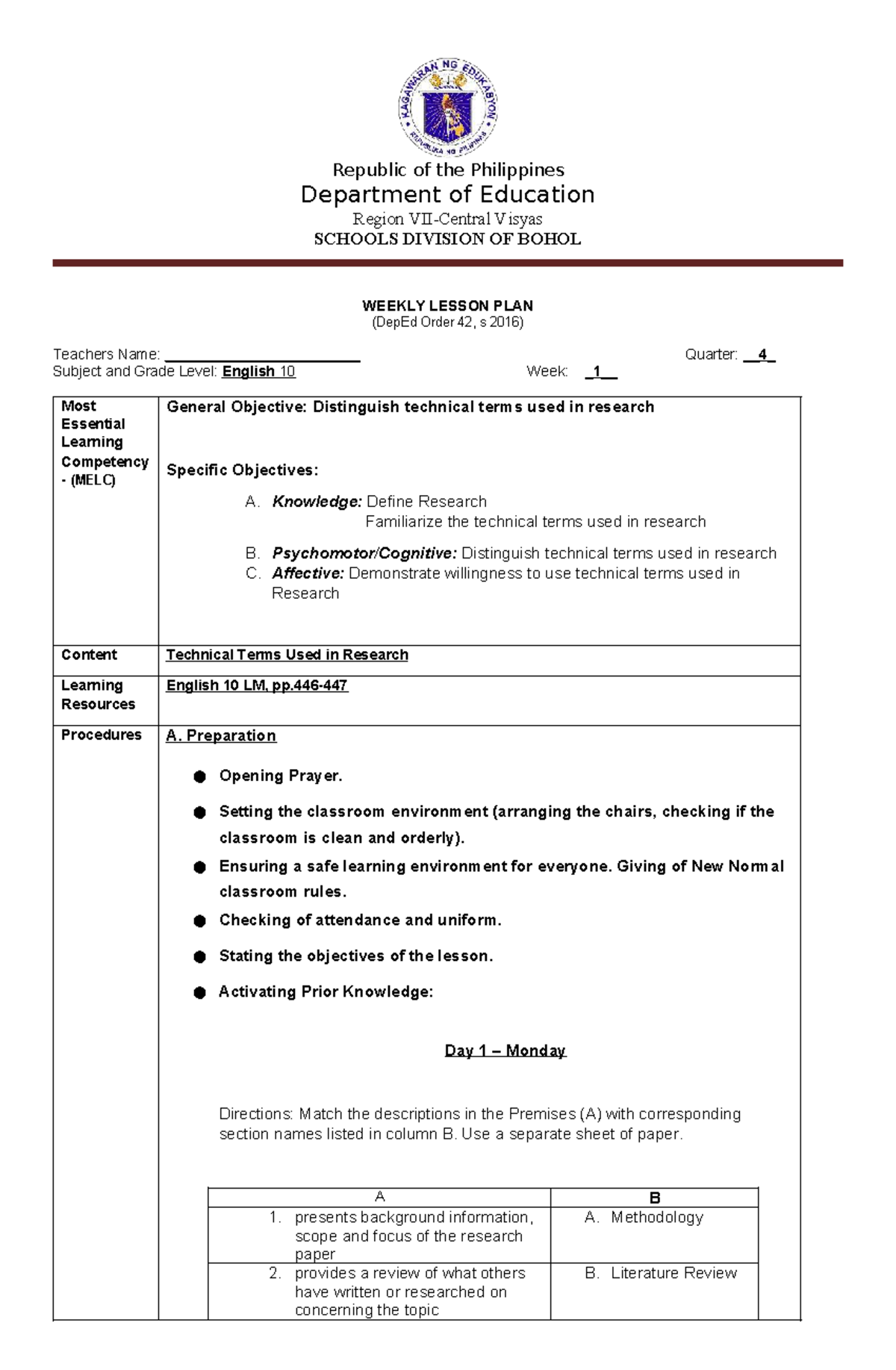 Bohol English 10 Q4 Weekly Lesson Plan: Technical Terms in Research ...
