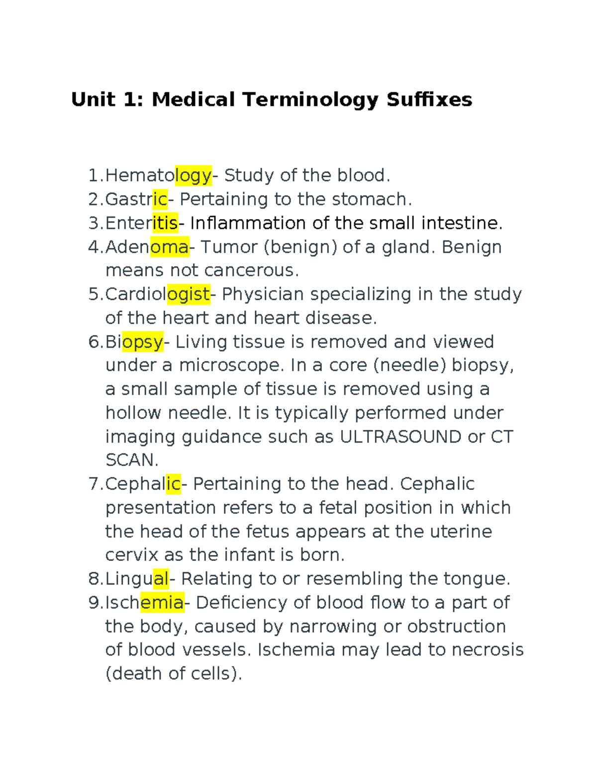Unit 1 Medical Terminology Suffixes - Unit 1: Medical Terminology ...