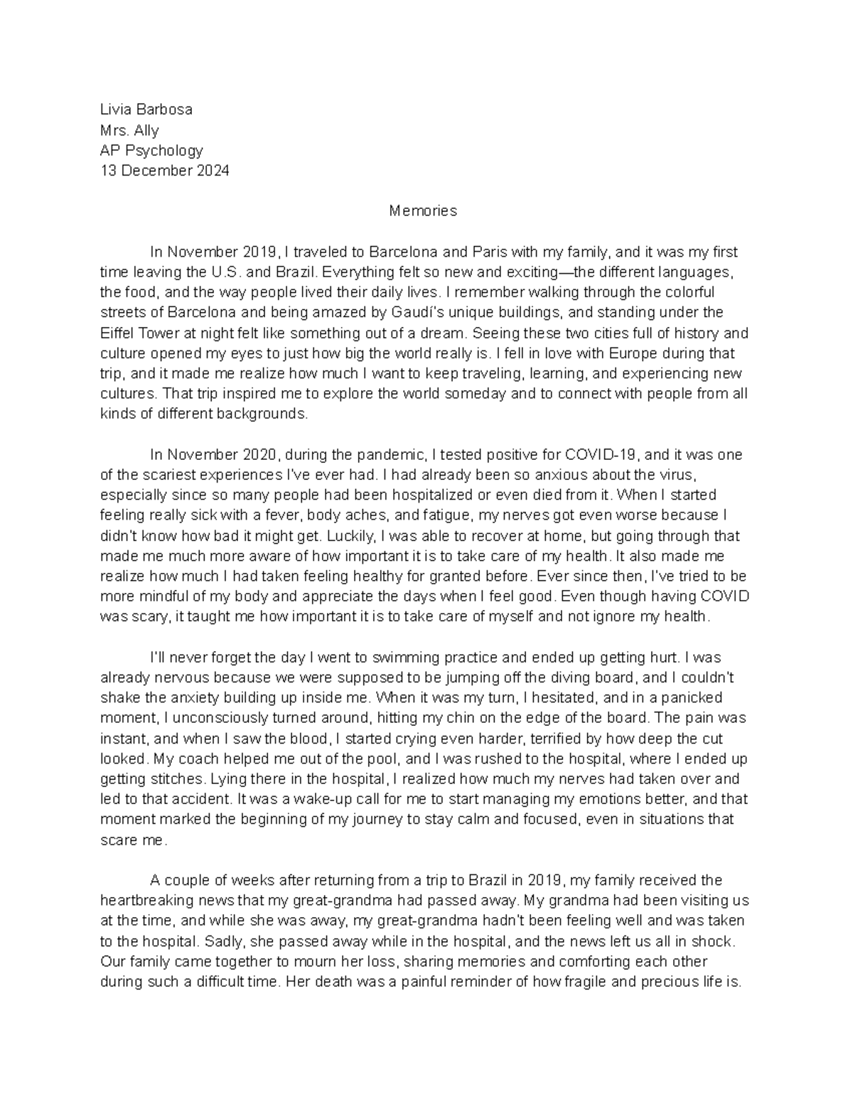 AP Psychology: Memory Reflection Project on Life Experiences - Studocu