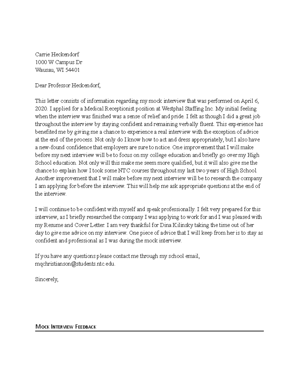 Mock Interview Experience Reflection - Carrie Heckendorf 1000 W Campus ...