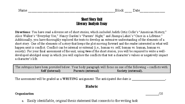 Short Story Unit Literary Analysis Essay Guidelines - Studocu