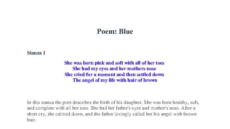 Poem Blue - idk - Poem: Blue Stanza 1 She was born pink and soft with ...