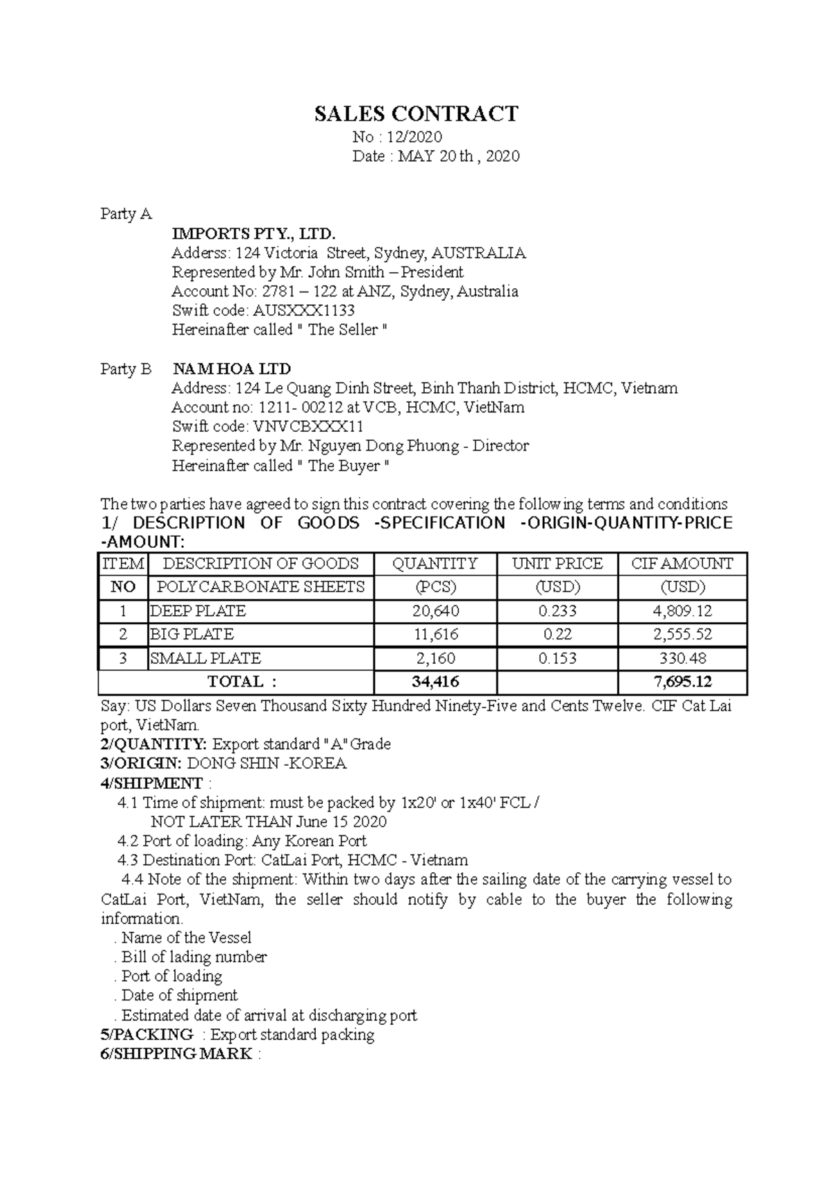 SALE CONTRACT 12 - IMPORTS PTY. & NAM HOA LTD (MAY 2020) - Studocu